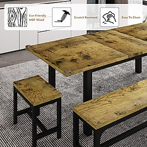 iPormis 5-Piece Dining Table Set for 4-8 People, Extendable Kitchen Table Set with 2 Benches and 2 Square Stools, Mid-Century Dining Room Table with Metal Frame & MDF Board, Saving Space, Rustic Brown