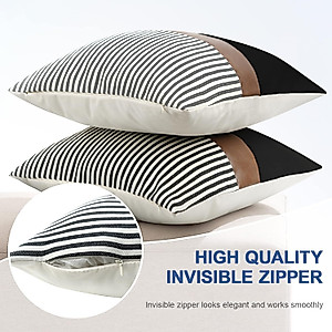 cygnus 20x20 Pillow Covers Set of 2 Farmhouse Decor Stripe Patchwork Linen Throw Pillow Covers Modern Faux Leather Covers for Couch Sofa,Black