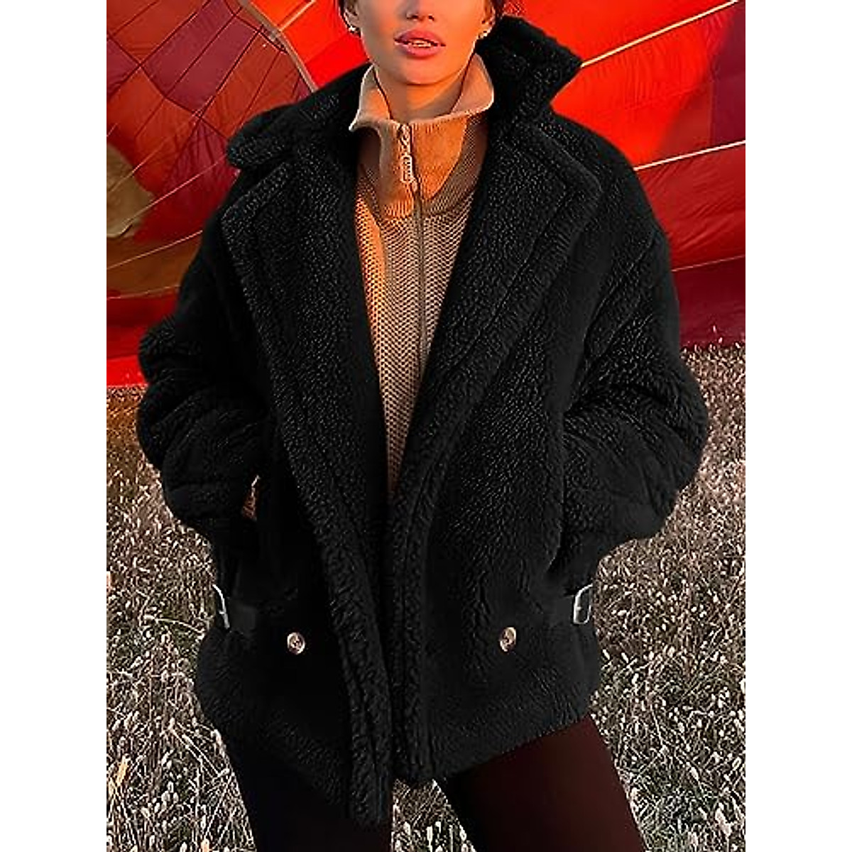 PRETTYGARDEN Womens 2023 Winter Fashion Sherpa Coats Lapel Fleece Jacket Long Sleeve Pockets Faux Fur Dressy Fall Outfits (Black,Small)