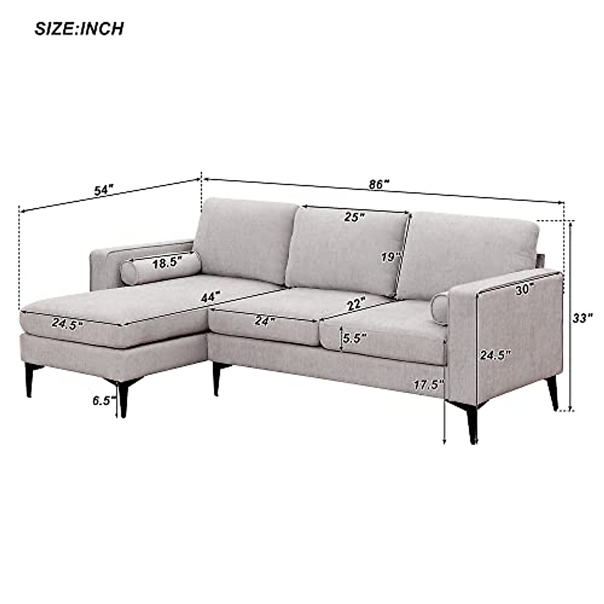 KoiHome 86" Convertible Sectional 2 Pillows, Modern Chenille L-Shaped Couch with Reversible Chaise Lounge, 3-Seater Sofa, Fit for Living Room,Office,Apartment, Polyester, Beige