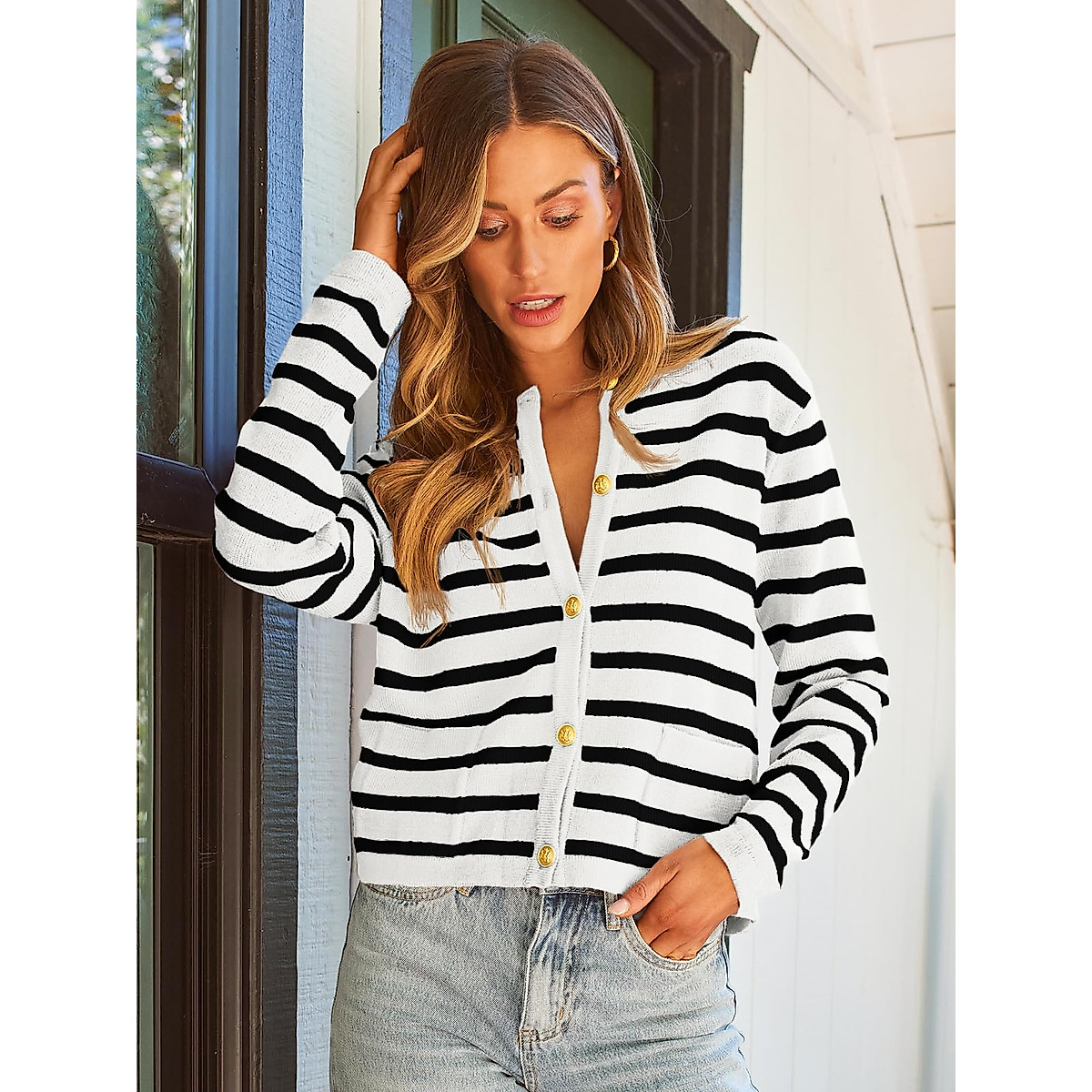 LILLUSORY Women's Striped Cardigan Sweaters Fall Outfits Clothes Fashion Trendy Long Sleeve Tops Casual Knit Lady Jackets White Black M