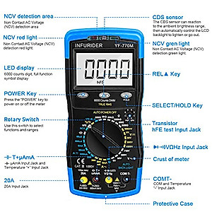 Digital Multimeter,Infurider YF-770M 6000 Counts Manual and Manual Range AC/DC Voltage Amp Ohmmeter Tester Meter with Diode Continuity,Cap,Temp and Mechanical Protection