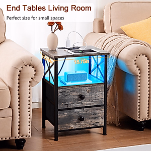 AMHANCIBLE Night Stand Set 2, LED Nightstand with Charging Station, End Tables Living Room with Fabric Drawers, Bedside Table for Bedroom, Ink Grey, HET052LKG