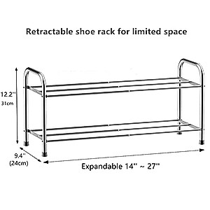 2-Tier Shoe Rack for Closet, Stackable & Expandable Shoe Rack Organizer Storage Stainless Steel Shoe Shelf for Entryway, Bedroom, Dorm Room, Outdoor