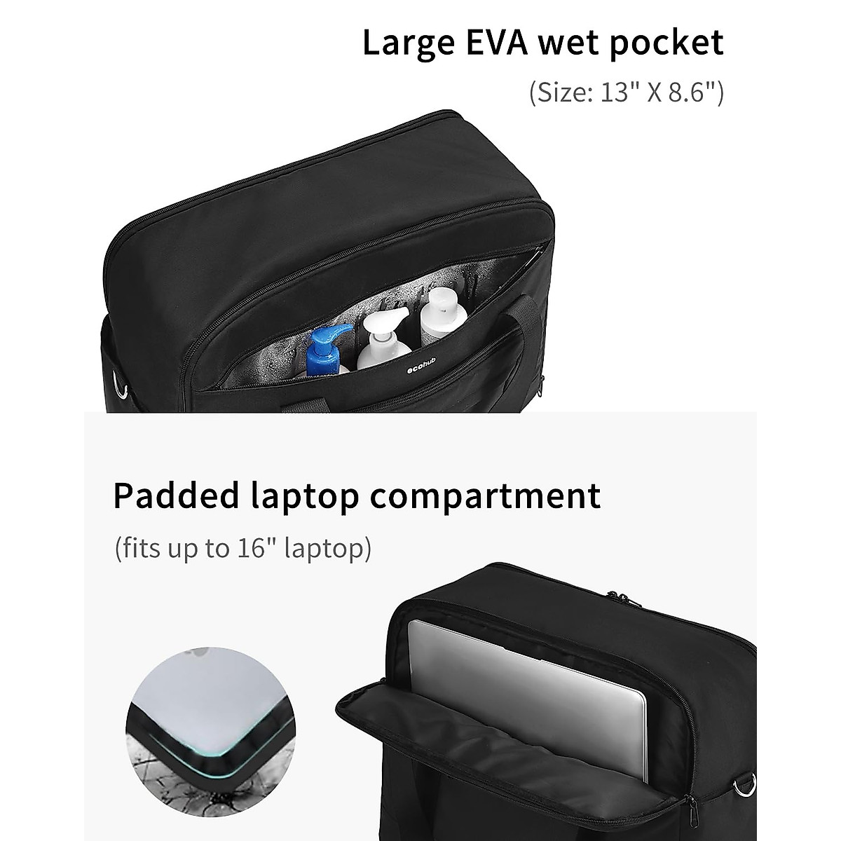 ECOHUB For Spirit Airlines Personal Item Travel Bag 18x14x8 Underseat Carry On Bag Water Resistant Duffel Bag Weekend Bag With Laptop Sleeve & Wet Pocket, Overnight for Men, 30L, Black