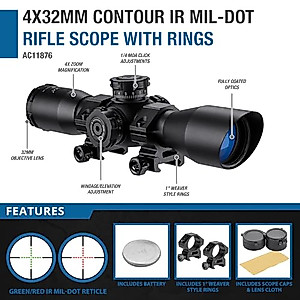 Barska Compact Rifle Scope Red/Green Illuminated Mil-Dot Reticle with Cantilever Rings - 4x32