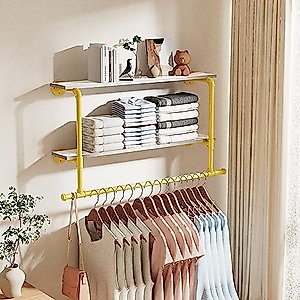 MOUTIK Wall Clothing Rack Gold - 46" Long Industrial Pipe Garment Rack with 2 Tier Shelves, Heavy Duty Iron Clothes Rod Retail Display for Bedroom, Laundry