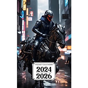 Pocket Calendar 2024-2026: Two-Year Monthly Planner for Purse , 36 Months from January 2024 to December 2026 | Cyberpunk-style suit | Mechanical steed | Dystopian metropolis