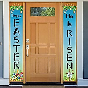 Jiudungs Easter Decoration Outdoor Happy Easter&He is Risen Banner Easter Egg Bunny Front Porch Door Decor Easter Decoration and Supplies for Home Classroom