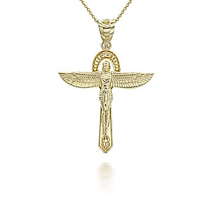 Ancient Egypt Jewelry Horus 14K Yellow Gold Ankh Winged Cross Egyptian Goddess Isis Pendant Necklace, 18"