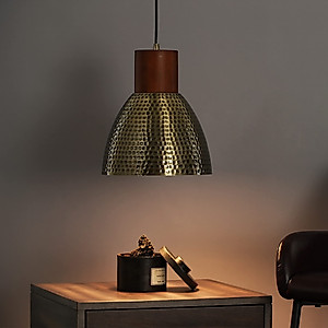 ELYONA Vintage Hammered Pendant Light Fixtures, 10.2” Industrial Metal Hanging Bar Lamp, Solid Wood Antique Gold Adjustable Pendant Light for Kitchen Island, Farmhouse, Dining Room, Brushed Brass