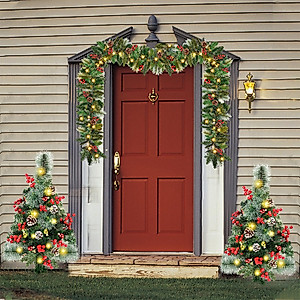 Juegoal 2 Pack 30 Inch Pre-Lit Pathway Christmas Trees, Upgrade Artificial Xmas Urn Filler with 60 LED Lights, Red Berries and Pine Cones Ornaments, Battery Operated Holiday Décor for Driveway, Yard