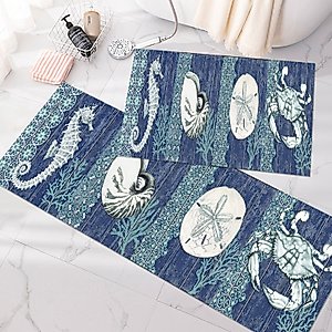 GUBIYU Kitchen Rugs Sets 2 Piece Floor Mats Sea Underwater Submarine Blue Crab Durable Doormat Nautical Ocean Animal Area Rugs Washable Runner Carpet Set Non Slip Fantastic Crab Kitchen Rugs and Mats