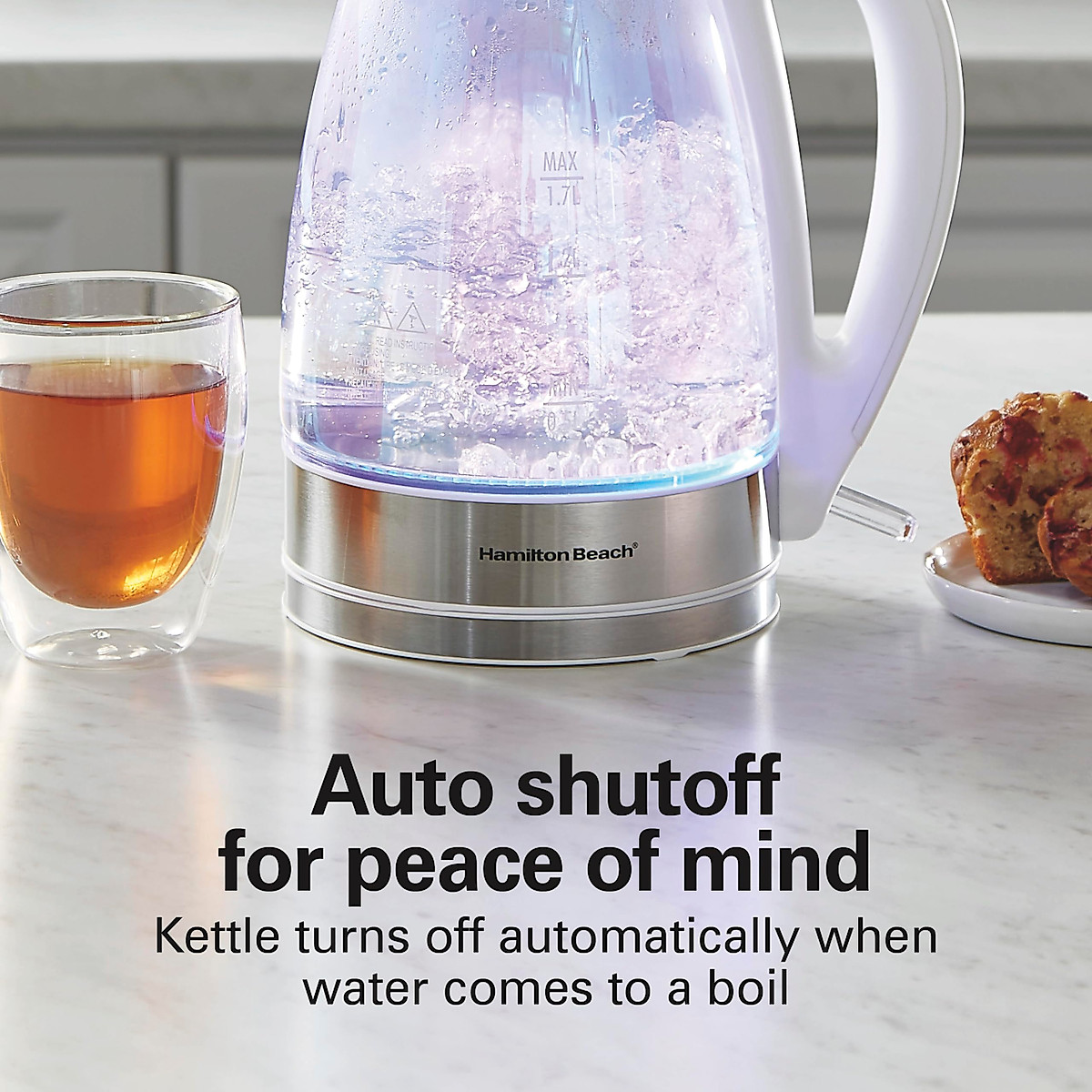 Hamilton Beach 1.7L Electric Tea Kettle, Water Boiler & Heater, LED Indicator, Built-In Mesh Filter, Auto-Shutoff & Boil-Dry Protection, Cordless Serving, Iridescent Clear Glass (41055)
