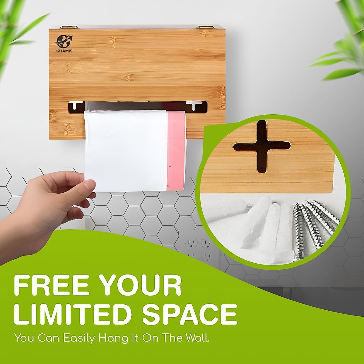 Khamis Wall-Mounted Trash Bag Dispenser Roll Holder - Bamboo Under Sink Garbage Bag Holder for Home & Kitchen - Trash bang Organizer for Waste Management - Kitchen Storage Box Holder for Plastic Bag