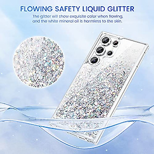 Caka [1+5] for Galaxy S23 Ultra Case, S23 Ultra Case Glitter with Camera Lens Protector for Women Girls Girly Sparkle Bling Liquid Phone Case for Samsung Galaxy S23 Ultra 5G - Clear Silver