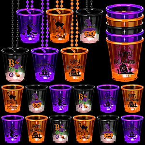 Huquary 42 Pcs LED Light Up Halloween Shot Glass Necklaces Glow in the Dark Halloween Plastic Shot Necklace Cups Flash Shot Necklace Cups for Halloween Party Costume Supplies, 6 Styles