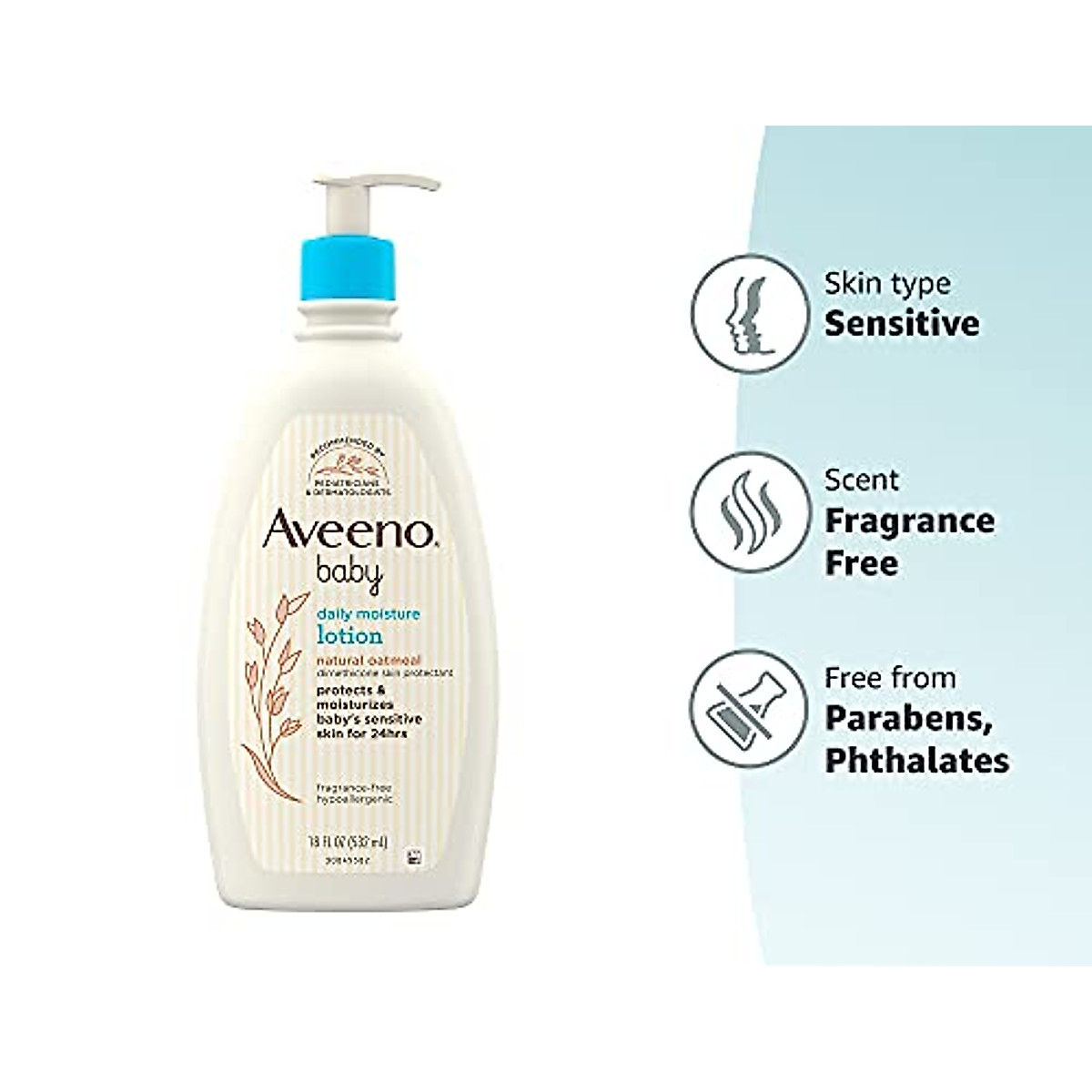 Aveeno Baby Daily Moisture Moisturizing Lotion for Delicate Skin with Natural Colloidal Oatmeal & Dimethicone, Hypoallergenic, Fragrance-, Phthalate- & Paraben-Free, 18 fl. oz (Package may vary)