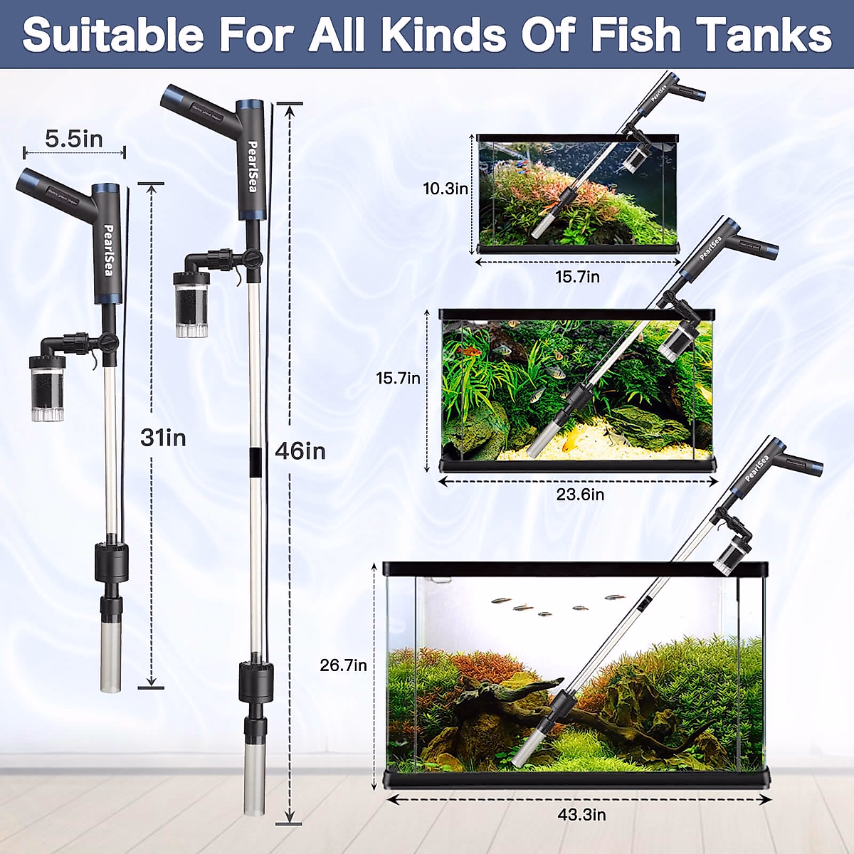 PearlSea Electric Aquarium Gravel Cleaner: 6 in 1 Electric Fish Tank Vacuum Gravel Cleaner for Automatic Water Changer Wash Sand Water Filter Water Circulation Remove Dirt Adjustable Water Flow