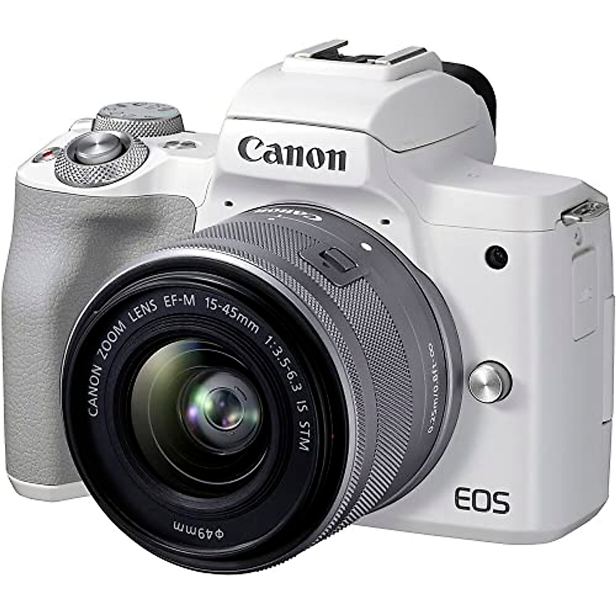 Canon EOS M50 Mark II Mirrorless Camera with 15-45mm Lens (White) (4729C004) + 64GB Memory Card + Card Reader + Case + Flex Tripod + Hand Strap + Memory Wallet + Cap Keeper + Cleaning Kit (Renewed)