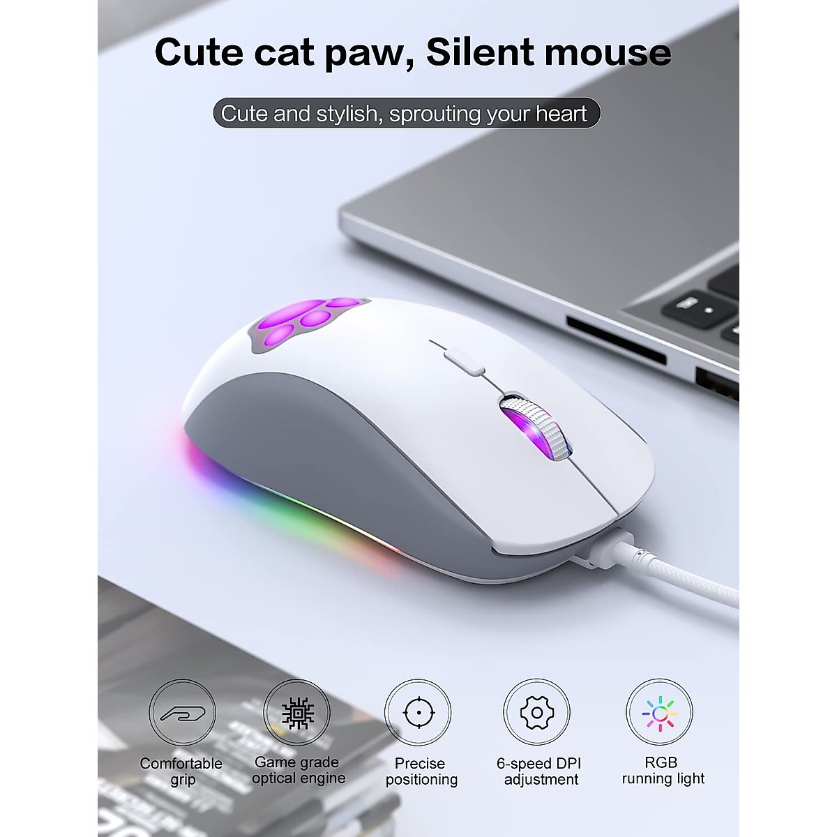 PHNIXGAM Cat Paw RGB Gaming Mouse, Silent Optical Computer Mice USB Wired with 6 Adjustable DPI Up to 7200, RGB Lighting, 6 Programmable Buttons for Windows/Vista/Linux (White)