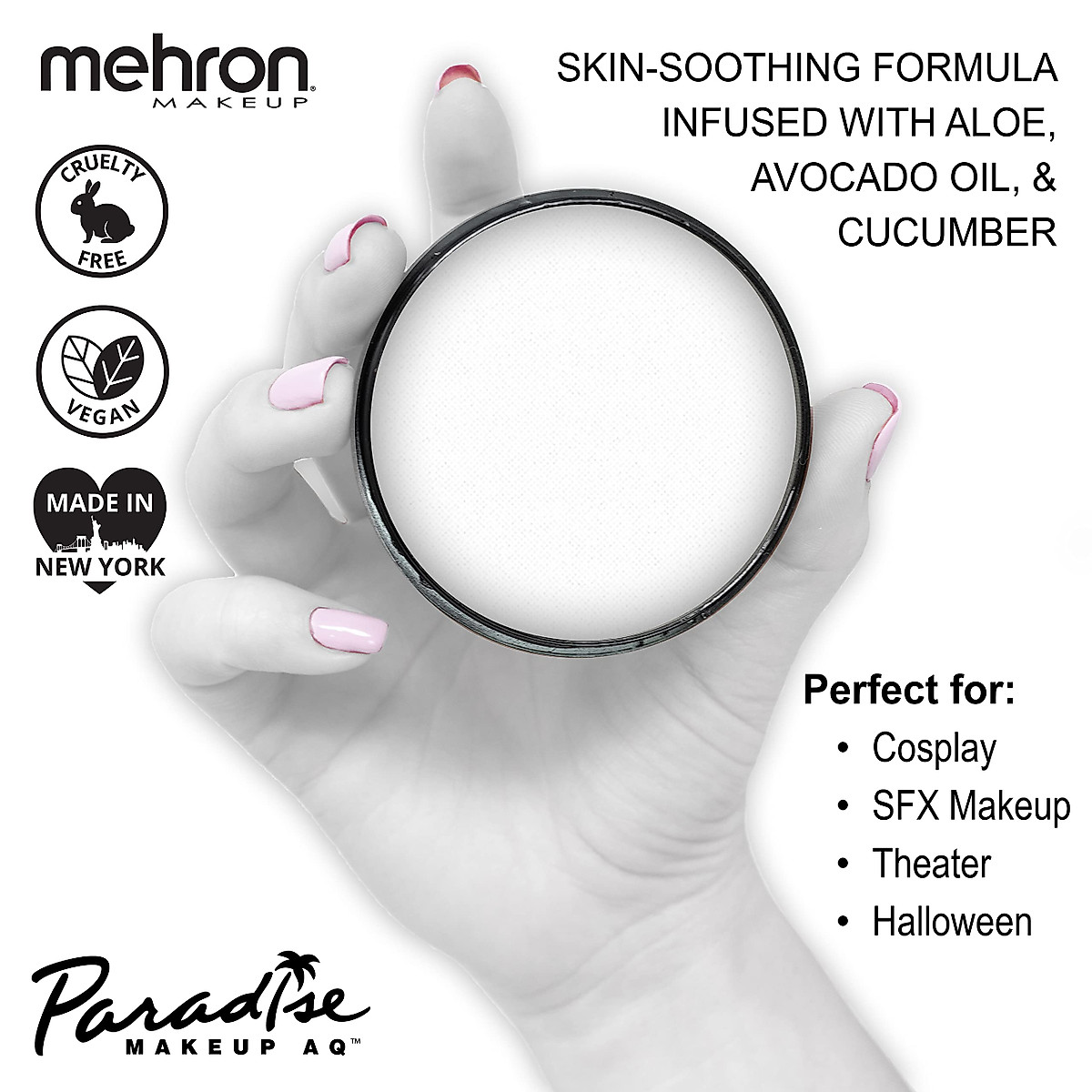 Mehron Makeup Paradise Makeup AQ Pro Size | Stage & Screen, Face & Body Painting, Special FX, Beauty, Cosplay, and Halloween | Water Activated Face Paint & Body Paint 1.4 oz (40 g) (White)