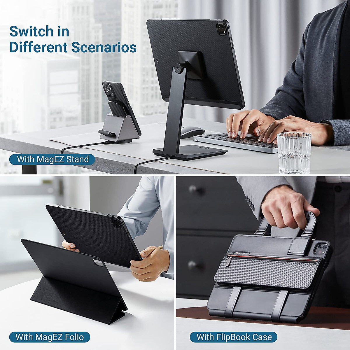 PITAKA iPad Pro 12.9 Case 5th Generation/6th Generation (2022/2021), Aramid Fiber 12.9 inch iPad Pro Case [MagEZ Case 2] Magic Keyboard Compatible Works with MagEZ Stand & Folio, Black/Grey