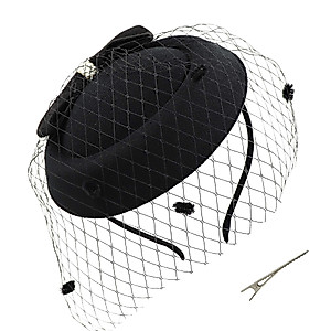 Umeepar Bowknot Pillbox Fascinator Hat for Women Wedding Tea Party Hat Headband Hair Clip with Veil (Black)