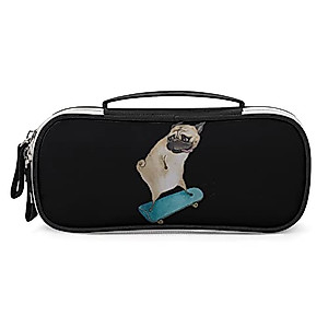 Skateboard Pug Dog PU Leather Pencil Pen Case Organizer Travel Makeup Handbag Portable Stationery Bag