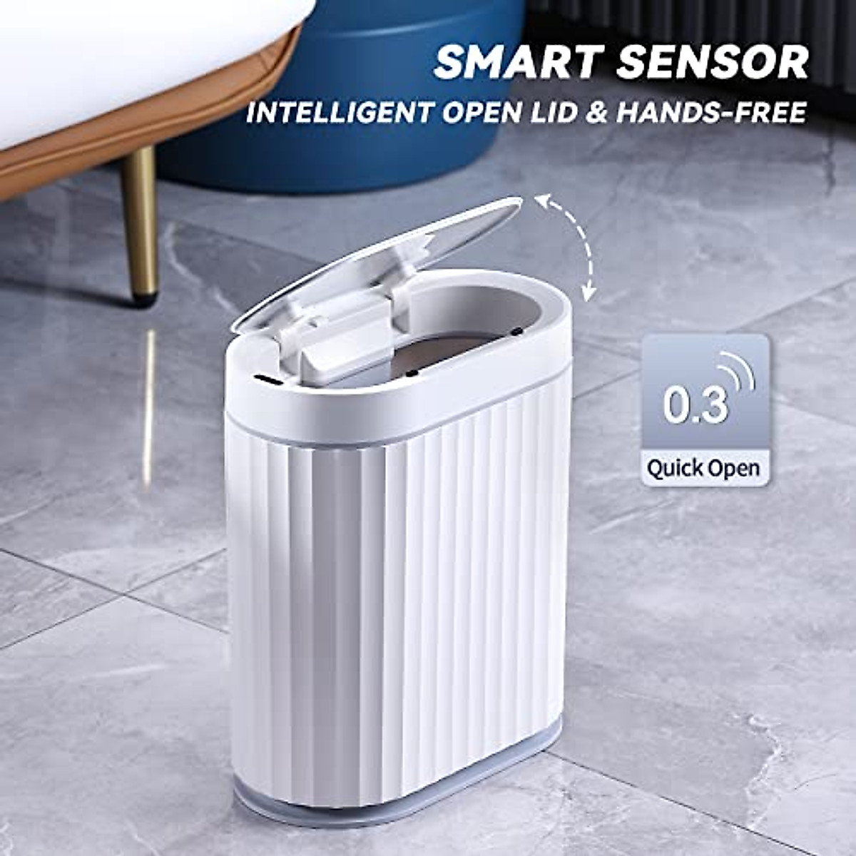 ELPHECO Bathroom Motion Sensor Trash can 8 Litre Automatic Garbage Can, 2 Gallon Slim Plastic Smart Trash Can with Lid, Waterproof Intelligent Trash Bin for Bedroom, Bathroom, Kitchen, Office