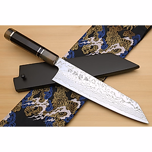 Yoshihiro Hayate ZDP189 Suminagashi Super High Carbon Stainless Steel Kiritsuke Knife Octagonal Ebony Wood Handle with Triple Ring (8.25" (210mm))