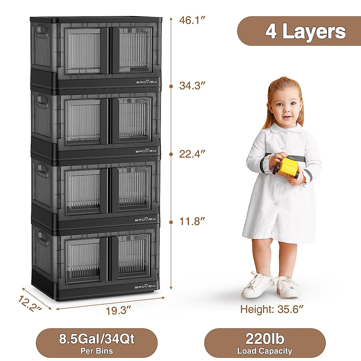 BROVIEW V6 Storage Bins with Lids, 136 QT Stackable Storage Bins with Wheels, Collapsible Storage Bins with Doors, Folding Storage Cabinets for Closet, Home Office Dorm Organizer Essential, Black