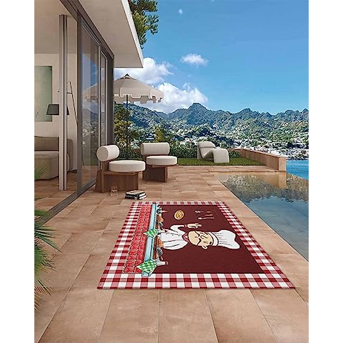 Absorbant Area Rug, Kitchen Decor Cartoon Chef Gourmet Food Dinner Table Wine Red Buffalo Check Outdoor Non-Slip Bottom Carpet Mat for Patio Camping Rv Picnic Backyard Deck Balcony Porch Beach 4x6 ft