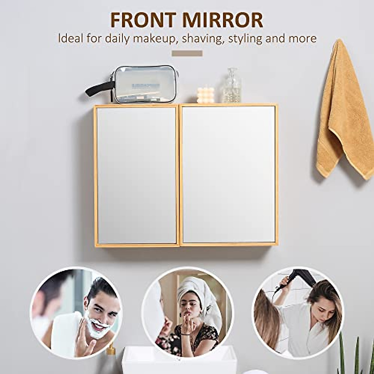 kleankin Bamboo Bathroom Medicine Cabinet, Wall Mounted Storage with Mirrors, Shelves, Natural