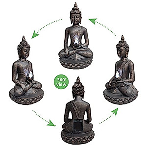 CHRUI Solar Outdoor Meditating Buddha Statue, 13 Inch Tall Antique Polyresin Statuary- Home & Outdoor Decor for Garden, Patio, Deck, Porch - Yard Art Decoration