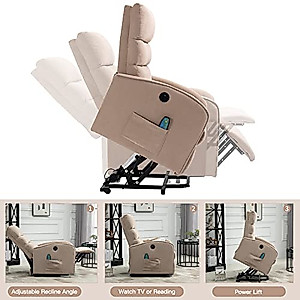 AVAWING Power Lift Massage Chair, Electric Recliners for Elderly Up to 330 LBS, Lay Flat Recliner W/Heat & Vibration, Linen Fabric Sofa Living Room Chairs with Side Pocket, USB Interface (Khaki)