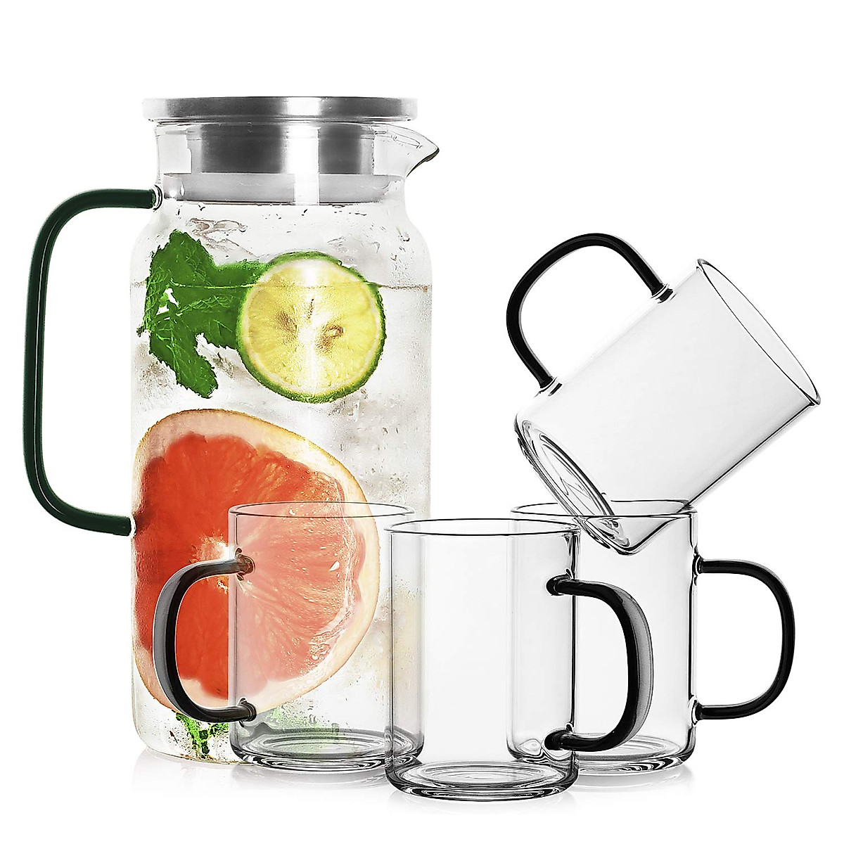 LUXU 42oz Glass Pitcher Set,Contain a 42oz Glass Pitcher and 4 coffee mugs with Dark Green Handle,Premium Kettle set for Daily Use,Pretty Teapot Idea For Tea Lovers