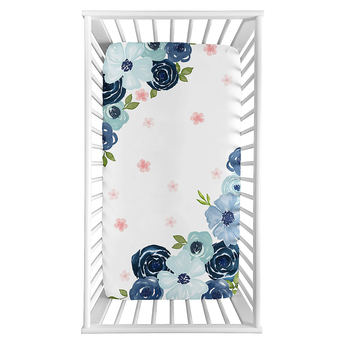 Sweet Jojo Designs Navy Blue and Pink Watercolor Floral Girl Fitted Crib Sheet Baby or Toddler Bed Nursery Photo Op - Blush, Green and White Shabby Chic Rose Flower