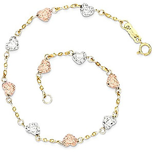 IceCarats 14K Tri Color Gold Heart Love Chain Charm Bracelet 7 inch