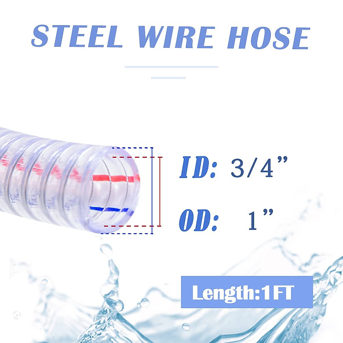 QuQuyi 3/4" ID x 1" OD, 1FT length Steel Wire Hose PVC Vacuum Tubing (with 2 Stainless Clamps), Drain Hose Vinyl Suction Tubing Flexible Tube Vinyl Hose Line