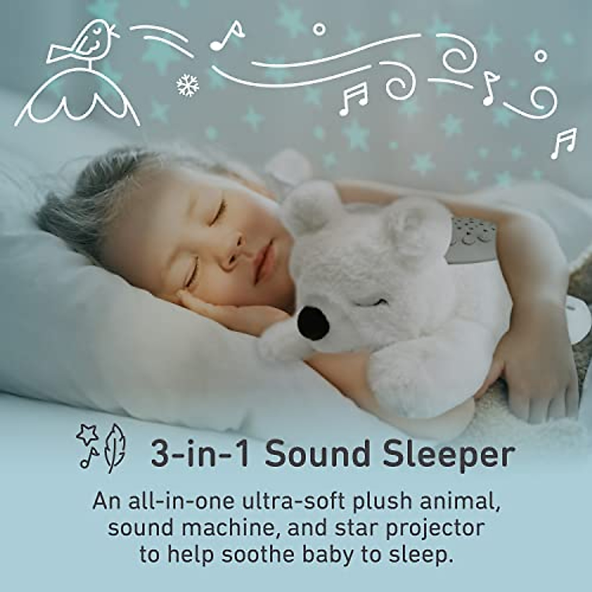 Pure Enrichment® PureBaby® Sound Sleeper Portable Sound Machine & Star Projector - Plush Sleep Aid with Night Light, 10 Lullabies, White Noise, Heartbeat, Birds & More for Baby & Toddlers (Polar Bear)