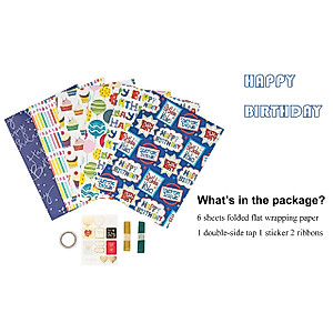 Titiweet Happy Birthday Wrapping Paper Sheets with Cut Line, Recycled Gift Wrapping Paper, 6 Sheets Folded Flat Gift Wrap with Sticker Ribbon Tape, 20 x 28 Inches Per Sheet
