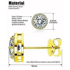 S925 Sterling Silver Moissanite Diamond Stud Earrings For Women Men, 0.5ct- 2ct D Color Vvs1 Clarity Moissanite Stud Earrings For Men Women Hypoallergenic ,4ct/Pair（2ct*2 ）, Moissanite