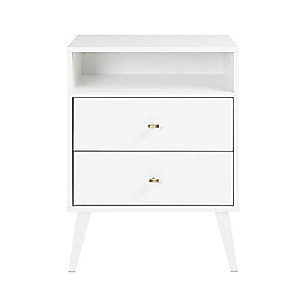 Prepac Milo Mid-Century 6 Drawer Double Dresser for Bedroom, 16" D x 52.50" W x 33" H, White & Milo Mid-Century Modern 2 Drawer Nightstand with Open Shelf, 16" D x 22.5" W x 29.5" H, White