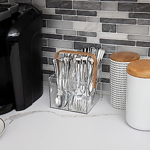 Mind Reader Utensil Holder, Silverware Organizer, Cutlery, Caddy, Rayon from Bamboo and Acrylic, 5.5" L x 5.5" W x 7.5" H, Brown