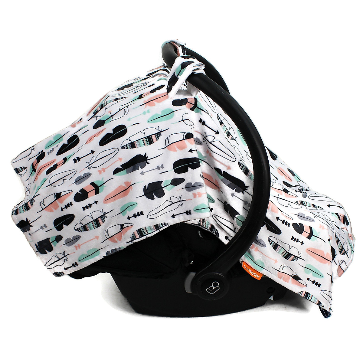 Dear Baby Gear Deluxe Reversible Car Seat Canopy, Custom Minky Print, Woodland Deer Quilt Feathers Pink Mint