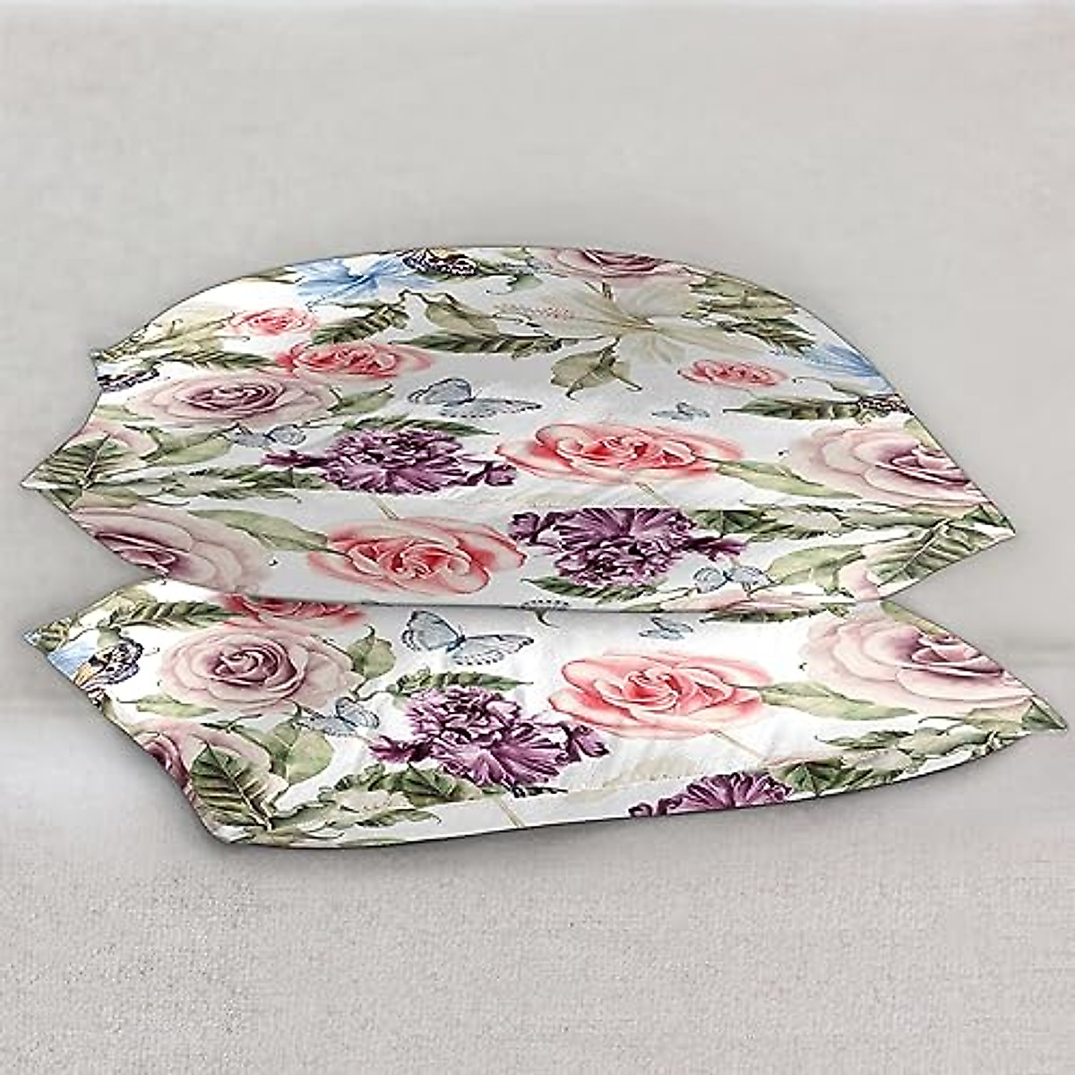 Flower Rose Butterfly Pattern Satin Pillow Cases Silk Satin Pillowcase for Hair and Skin Standard Set of 2 Super Soft Silk Pillowcase with Envelope Closure (20x26 in)