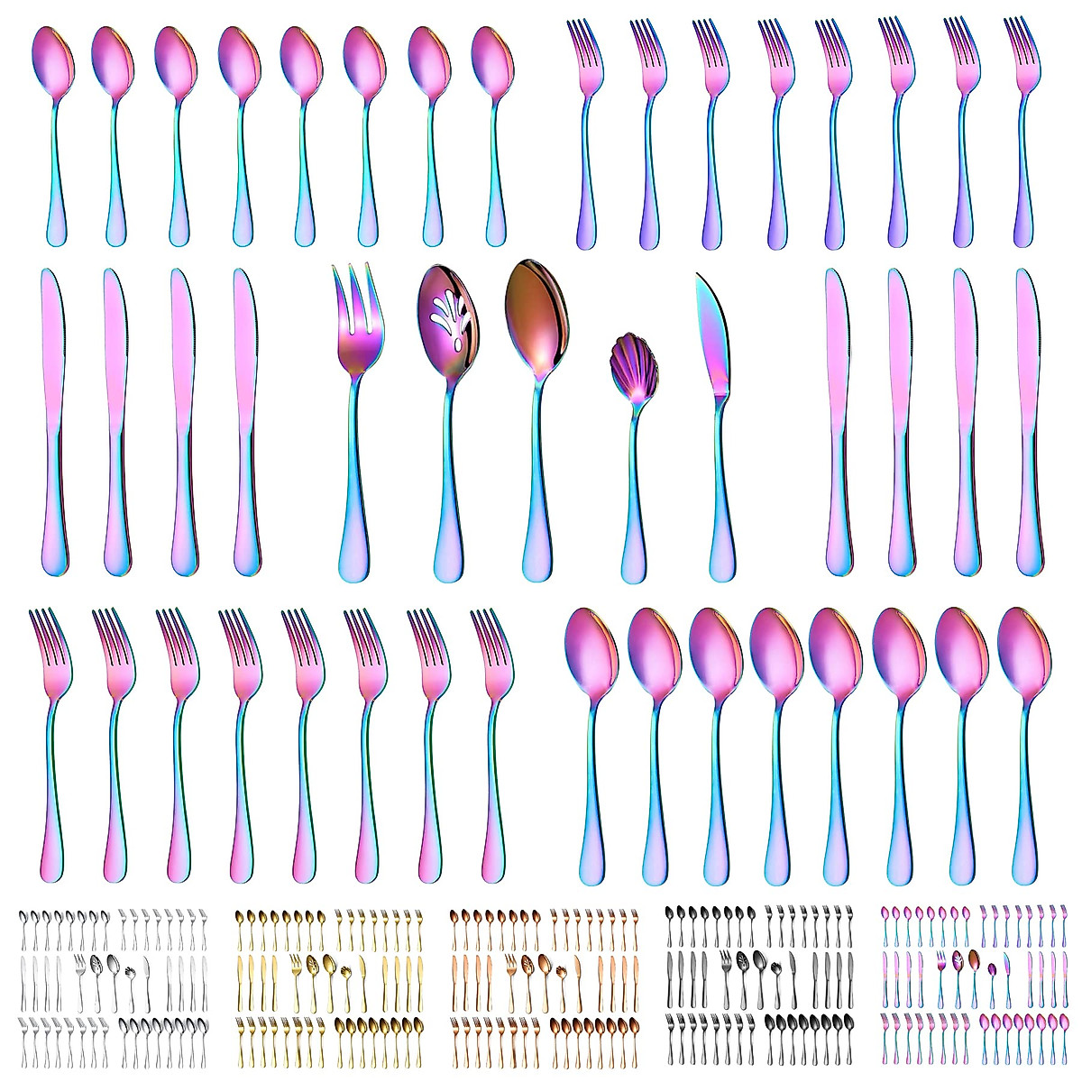 Kyraton Rainbow Silverware Set 45 Pieces Service for 8, Titanium Colorful Plating Flatware Sets Cutlery Set, Spoons and Forks Silverware Dishwasher Safe, First Apartment Must Haves Utensils Set