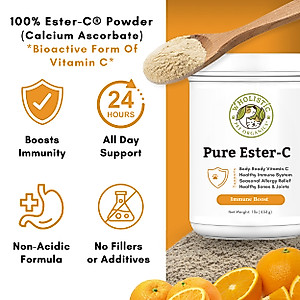 Wholistic Pet Organics Pure Ester-C Powder for Dogs & Cats - 1 Lb - Vitamin C Supplement for Immune Support, Skin & Coat Health, & Allergy Relief - Dog Vitamin Powder for Itchy Skin & Homemade Food
