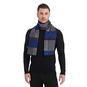 EP Mode Men's Winter Scarf, Cashmere Feel, Super Soft & Warm (Plaid Blue Grey)